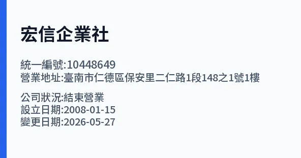 宏信企業社的照片-統編 10448649(臺南市) 公司登記資料與營業項目詳細圖表