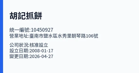 胡記抓餅的照片-統編 10450927(臺南市) 公司登記資料與營業項目詳細圖表