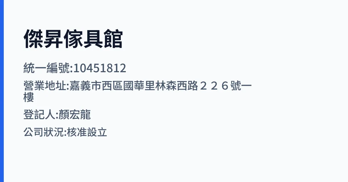 傑昇傢具館 - 統編 10451812(嘉義市) 公司登記資料與營業項目詳細圖表