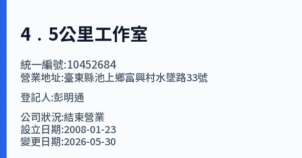 4﹒5公里工作室的照片-統編 10452684(臺東縣) 公司登記資料與營業項目詳細圖表
