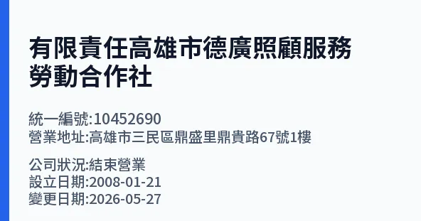有限責任高雄市德廣照顧服務勞動合作社的照片-統編 10452690(高雄市) 公司登記資料與營業項目詳細圖表