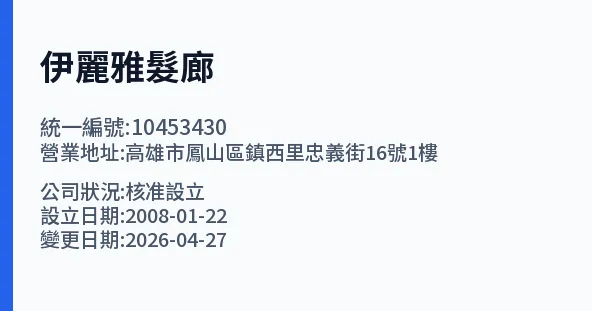 伊麗雅髮廊的照片-統編 10453430(高雄市) 公司登記資料與營業項目詳細圖表