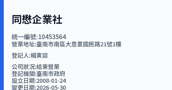 同懋企業社的照片-統編 10453564(臺南市) 公司登記資料與營業項目詳細圖表