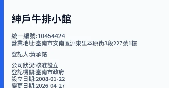 紳戶牛排小館的照片-統編 10454424(臺南市) 公司登記資料與營業項目詳細圖表