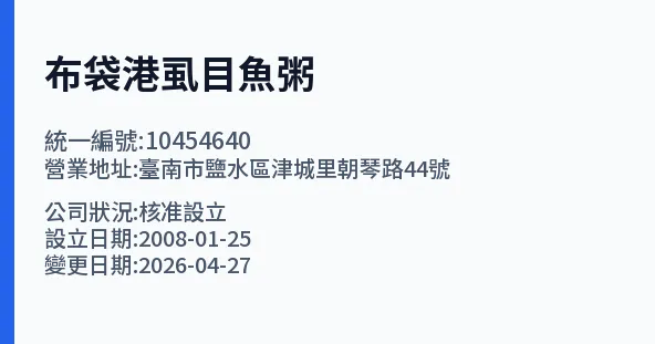 布袋港虱目魚粥的照片-統編 10454640(臺南市) 公司登記資料與營業項目詳細圖表
