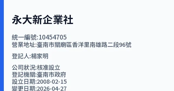 永大新企業社的照片-統編 10454705(臺南市) 公司登記資料與營業項目詳細圖表