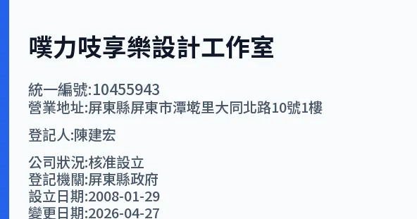 噗力吱享樂設計工作室的照片-統編 10455943(屏東縣) 公司登記資料與營業項目詳細圖表