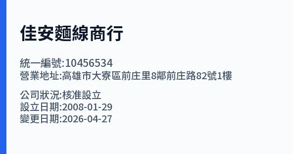 佳安麵線商行的照片-統編 10456534(高雄市) 公司登記資料與營業項目詳細圖表