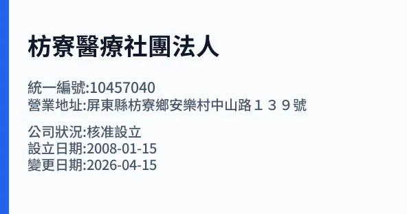 枋寮醫療社團法人的照片-統編 10457040(屏東縣) 公司登記資料與營業項目詳細圖表