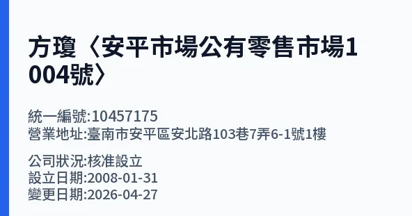 方瓊〈安平市場公有零售市場1004號〉的照片-統編 10457175(臺南市) 公司登記資料與營業項目詳細圖表