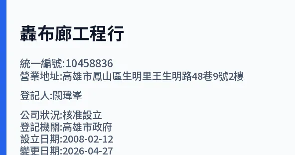 轟布廊工程行的照片-統編 10458836(高雄市) 公司登記資料與營業項目詳細圖表