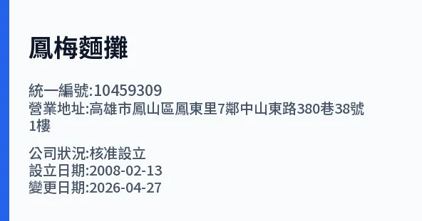 鳳梅麵攤的照片-統編 10459309(高雄市) 公司登記資料與營業項目詳細圖表