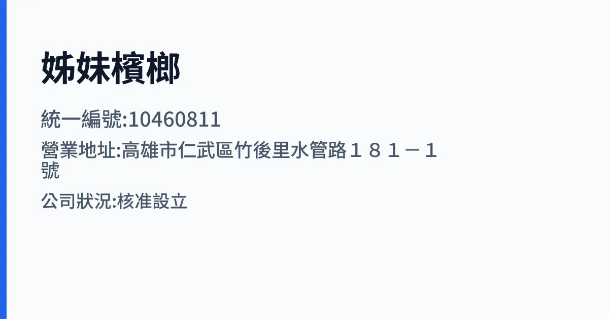 姊妹檳榔 - 統編 10460811(高雄市) 公司登記資料與營業項目詳細圖表