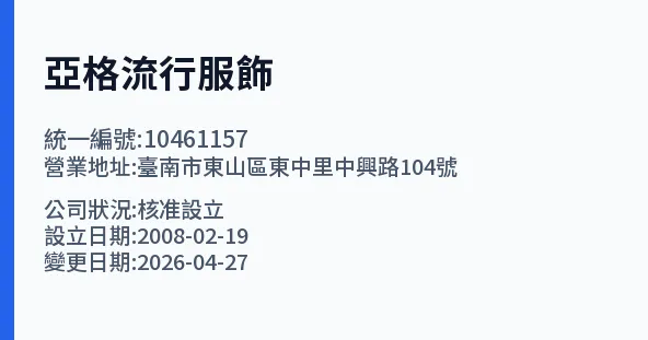 亞格流行服飾的照片-統編 10461157(臺南市) 公司登記資料與營業項目詳細圖表