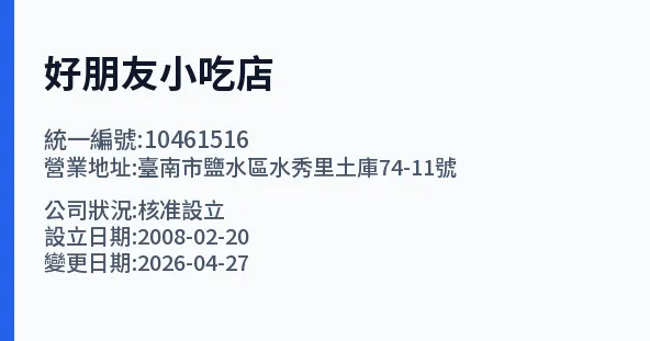 好朋友小吃店的照片-統編 10461516(臺南市) 公司登記資料與營業項目詳細圖表