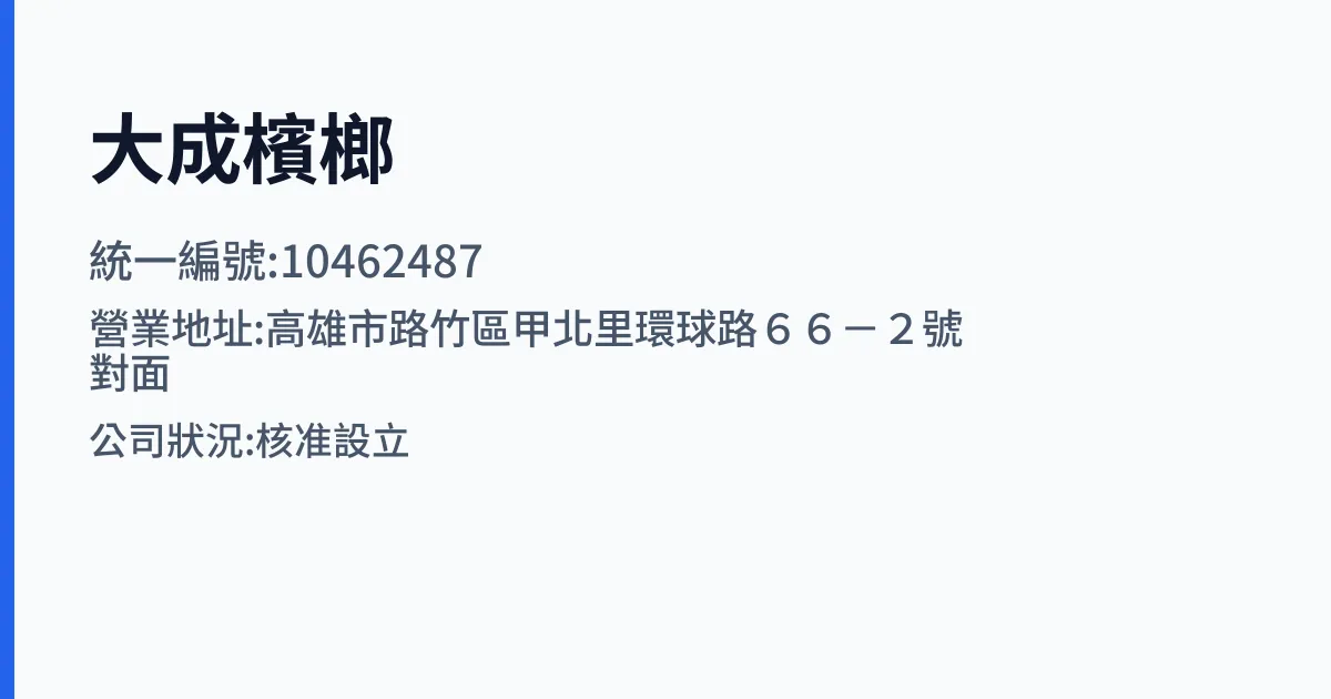 大成檳榔 - 統編 10462487(高雄市) 公司登記資料與營業項目詳細圖表