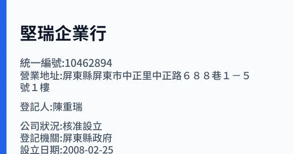 堅瑞企業行的照片-統編 10462894(屏東縣) 公司登記資料與營業項目詳細圖表