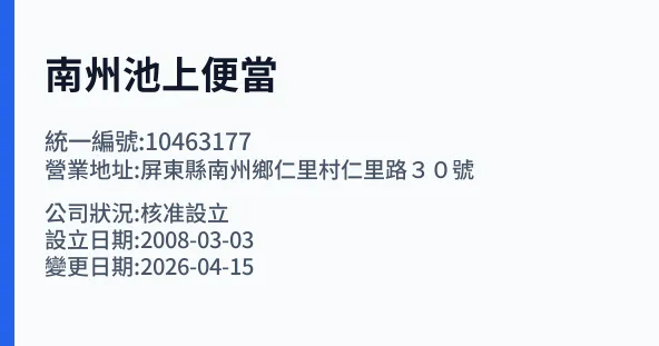 南州池上便當的照片-統編 10463177(屏東縣) 公司登記資料與營業項目詳細圖表