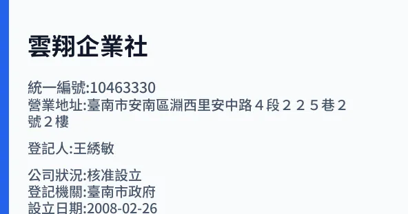 雲翔企業社的照片-統編 10463330(臺南市) 公司登記資料與營業項目詳細圖表