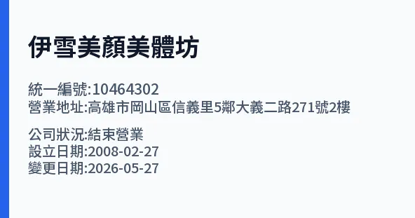 伊雪美顏美體坊的照片-統編 10464302(高雄市) 公司登記資料與營業項目詳細圖表