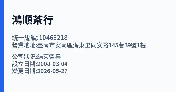 鴻順茶行的照片-統編 10466218(臺南市) 公司登記資料與營業項目詳細圖表