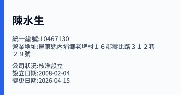 陳水生的照片-統編 10467130(屏東縣) 公司登記資料與營業項目詳細圖表