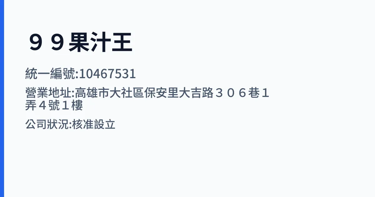 ９９果汁王 - 統編 10467531(高雄市) 公司登記資料與營業項目詳細圖表