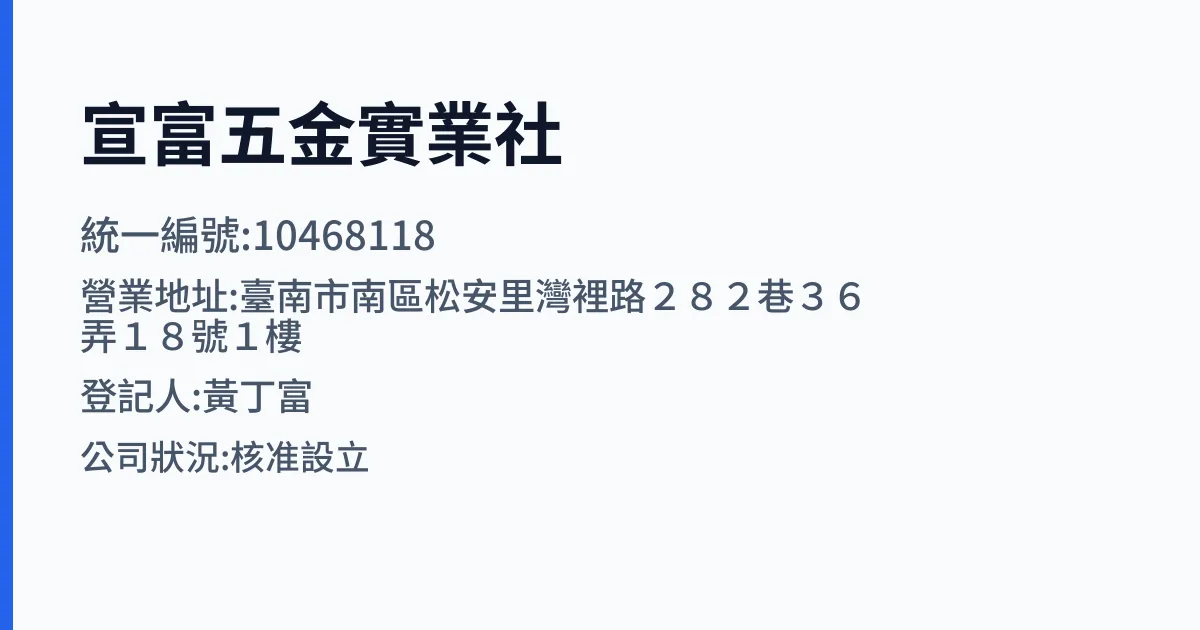 宣富五金實業社 - 統編 10468118(臺南市) 公司登記資料與營業項目詳細圖表