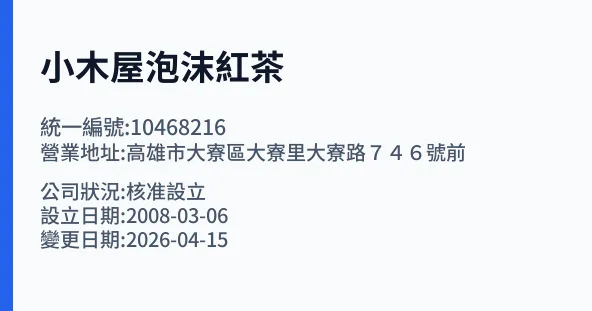 小木屋泡沫紅茶的照片-統編 10468216(高雄市) 公司登記資料與營業項目詳細圖表