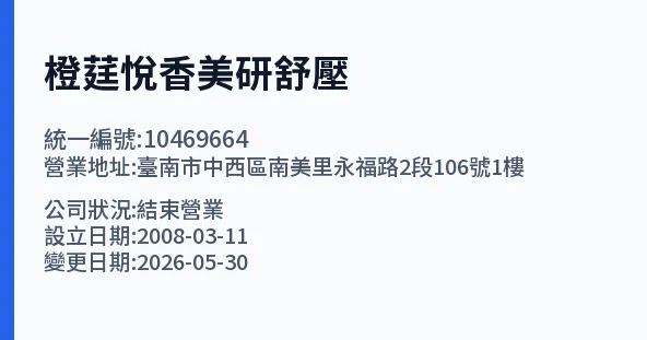 橙莛悅香美研舒壓的照片-統編 10469664(臺南市) 公司登記資料與營業項目詳細圖表