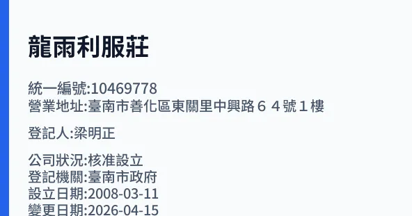 龍雨利服莊的照片-統編 10469778(臺南市) 公司登記資料與營業項目詳細圖表