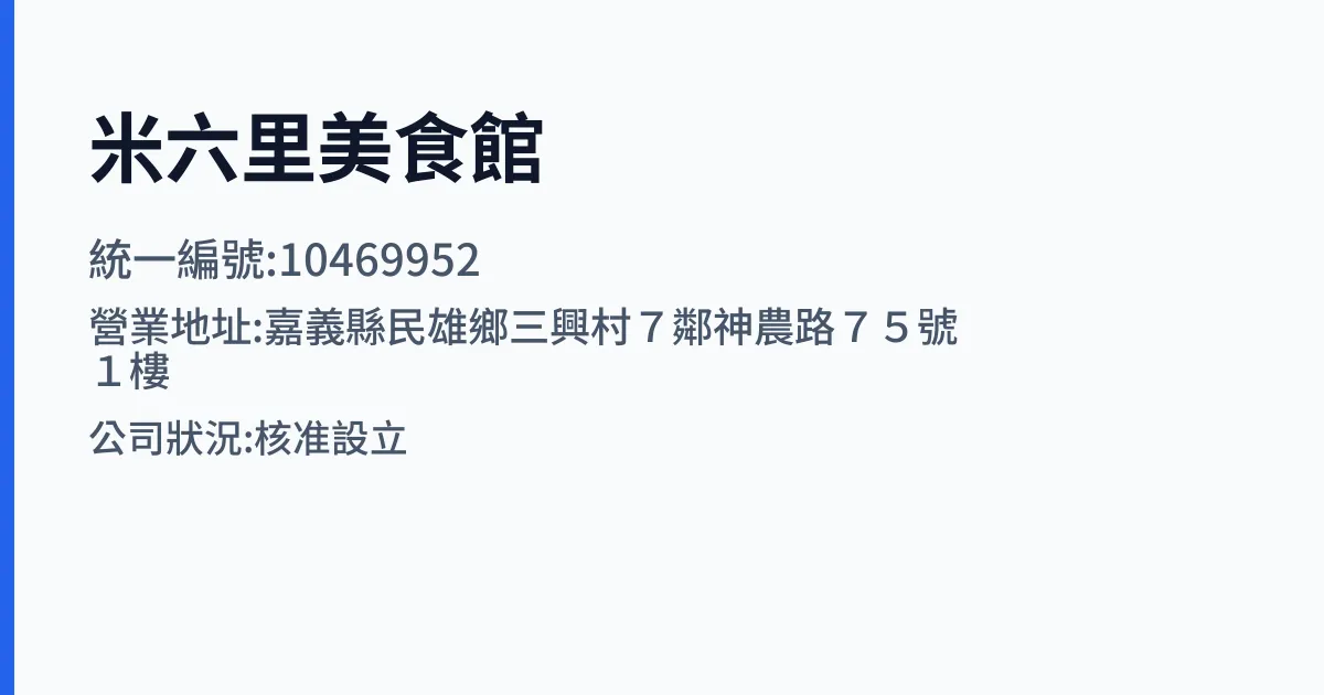 米六里美食館 - 統編 10469952(嘉義縣) 公司登記資料與營業項目詳細圖表