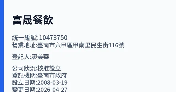 富晟餐飲的照片-統編 10473750(臺南市) 公司登記資料與營業項目詳細圖表