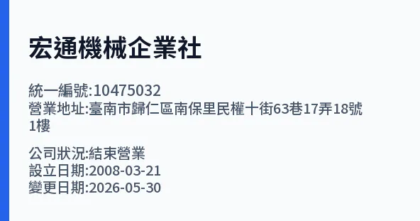 宏通機械企業社的照片-統編 10475032(臺南市) 公司登記資料與營業項目詳細圖表