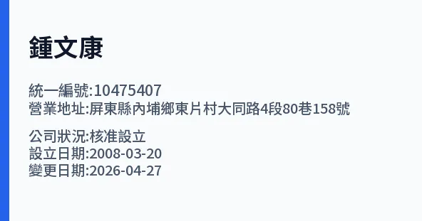 鍾文康的照片-統編 10475407(屏東縣) 公司登記資料與營業項目詳細圖表