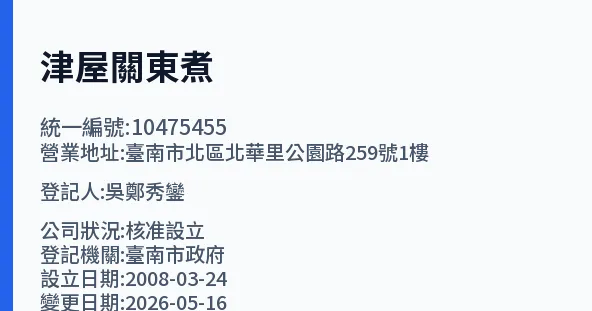 津屋關東煮的照片-統編 10475455(臺南市) 公司登記資料與營業項目詳細圖表