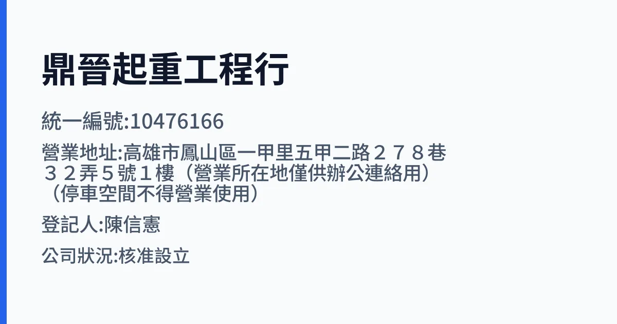 鼎晉起重工程行 - 統編 10476166(高雄市) 公司登記資料與營業項目詳細圖表