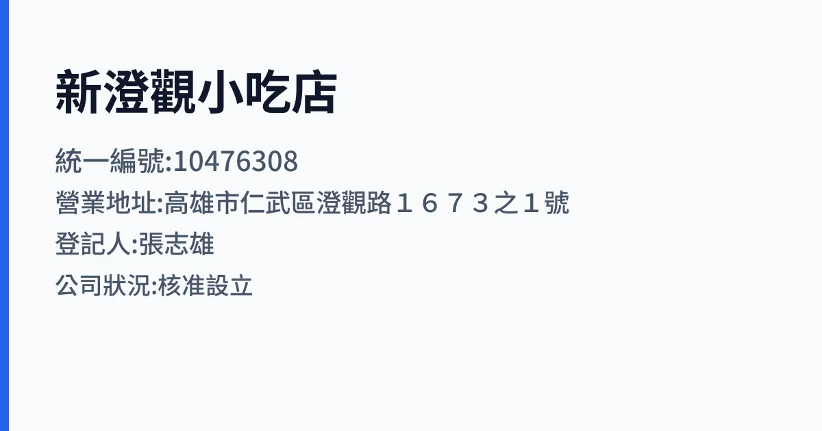 新澄觀小吃店 - 統編 10476308（高雄市） 公司登記資料與營業項目詳細圖表