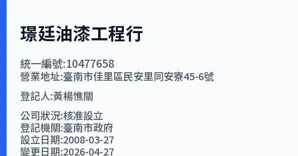 璟廷油漆工程行的照片-統編 10477658(臺南市) 公司登記資料與營業項目詳細圖表