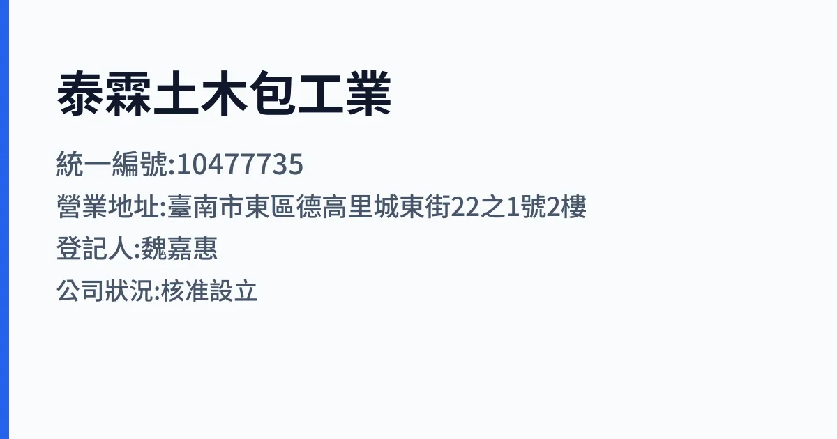 泰霖土木包工業 - 統編 10477735(臺南市) 公司登記資料與營業項目詳細圖表