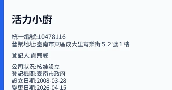 活力小廚的照片-統編 10478116(臺南市) 公司登記資料與營業項目詳細圖表