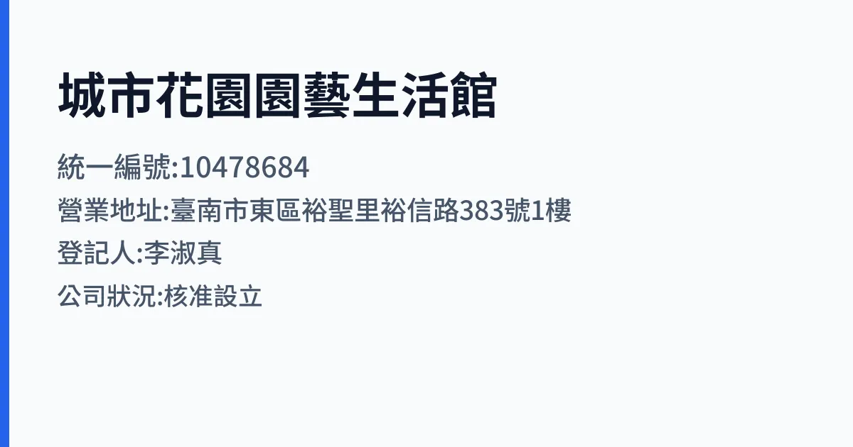 城市花園園藝生活館 - 統編 10478684(臺南市) 公司登記資料與營業項目詳細圖表