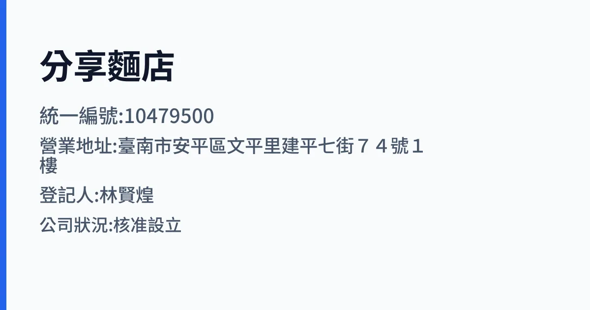 分享麵店 - 統編 10479500(臺南市) 公司登記資料與營業項目詳細圖表