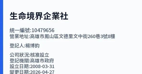 生命境界企業社的照片-統編 10479656(高雄市) 公司登記資料與營業項目詳細圖表