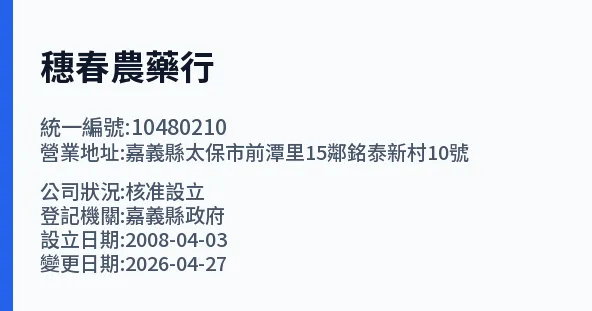 穗春農藥行的照片-統編 10480210(嘉義縣) 公司登記資料與營業項目詳細圖表