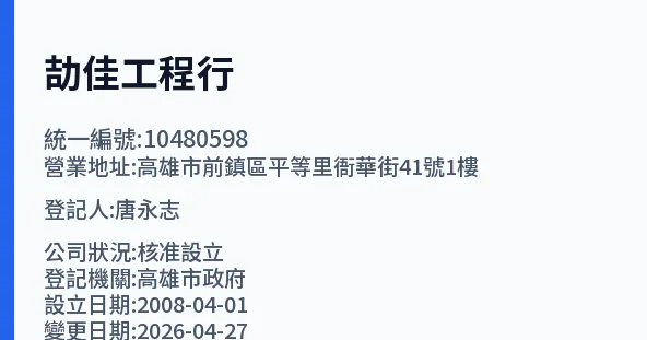 劼佳工程行的照片-統編 10480598(高雄市) 公司登記資料與營業項目詳細圖表