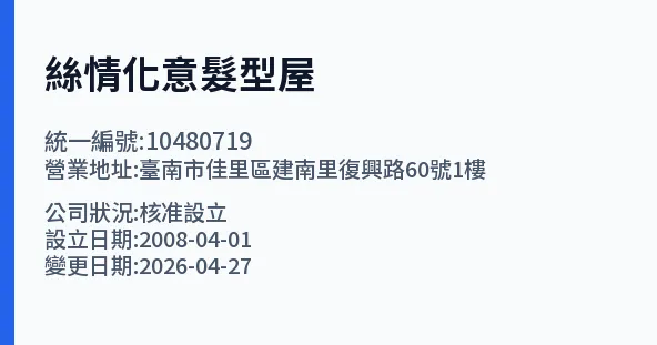 絲情化意髮型屋的照片-統編 10480719(臺南市) 公司登記資料與營業項目詳細圖表