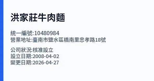 洪家莊牛肉麵的照片-統編 10480984(臺南市) 公司登記資料與營業項目詳細圖表
