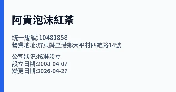 阿貴泡沫紅茶的照片-統編 10481858(屏東縣) 公司登記資料與營業項目詳細圖表
