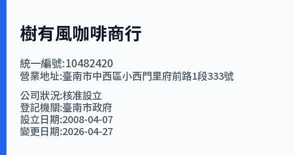 樹有風咖啡商行的照片-統編 10482420(臺南市) 公司登記資料與營業項目詳細圖表